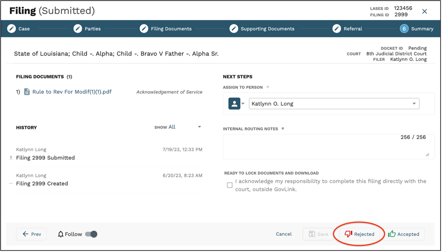 Manually Change a Filing Status to Rejected – GovLink Support