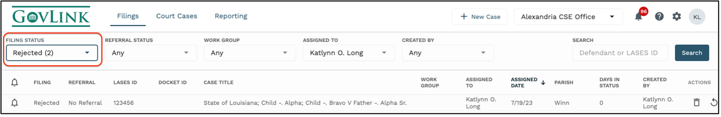 Manually Change a Filing Status to Rejected – GovLink Support