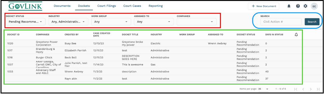 Quick Guide: Dockets – Dashboard + Filters – GovLink Support